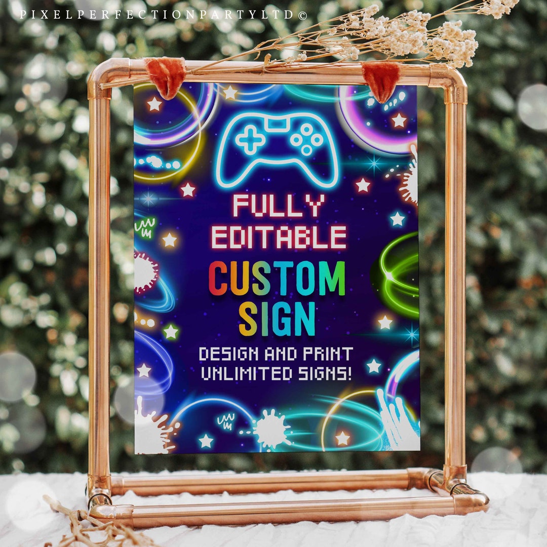 Editable Video Game Birthday Party Custom Sign Neon Gamer Birthday Game ...