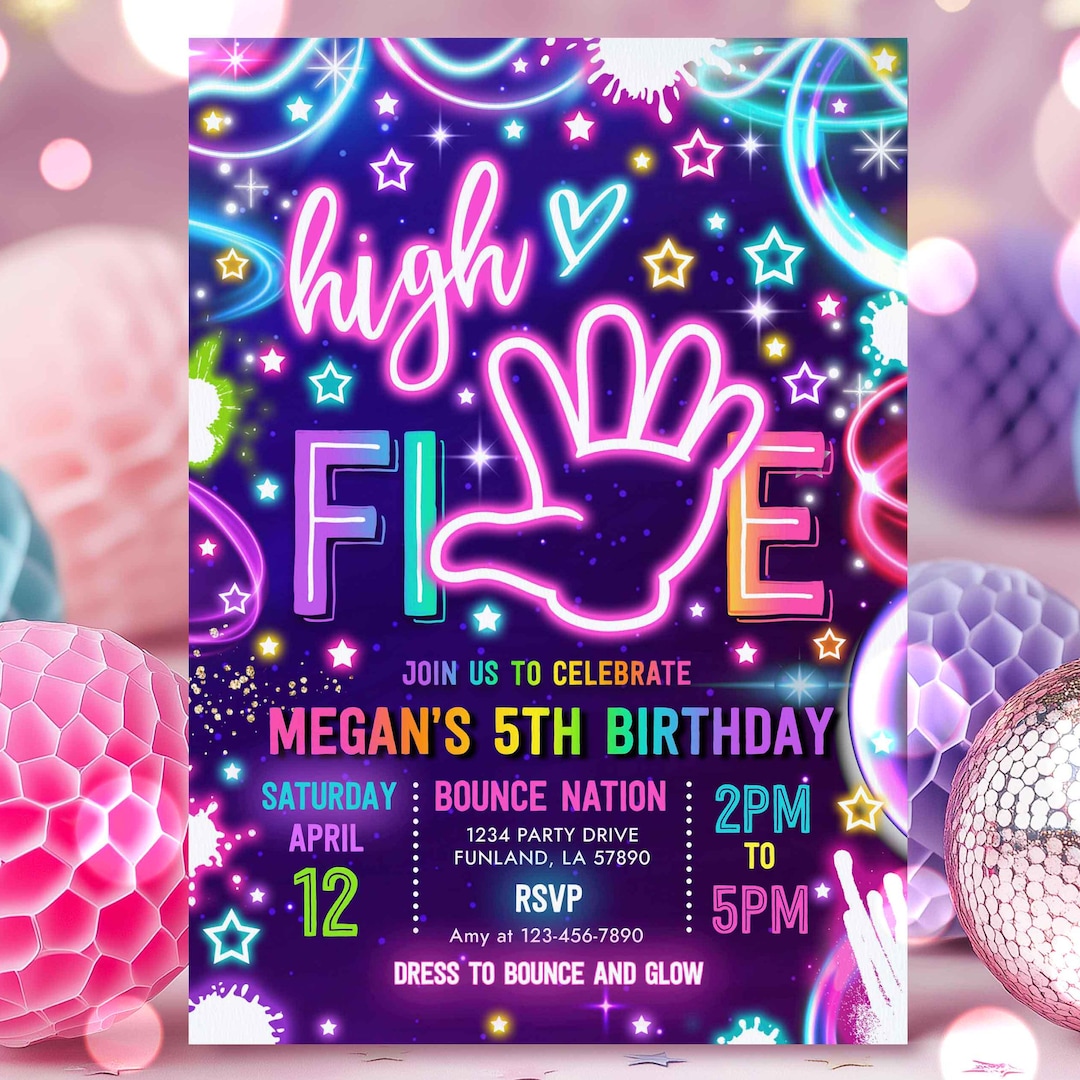 Editable High Five Birthday Party Invitation Neon Glow High Five Hi ...