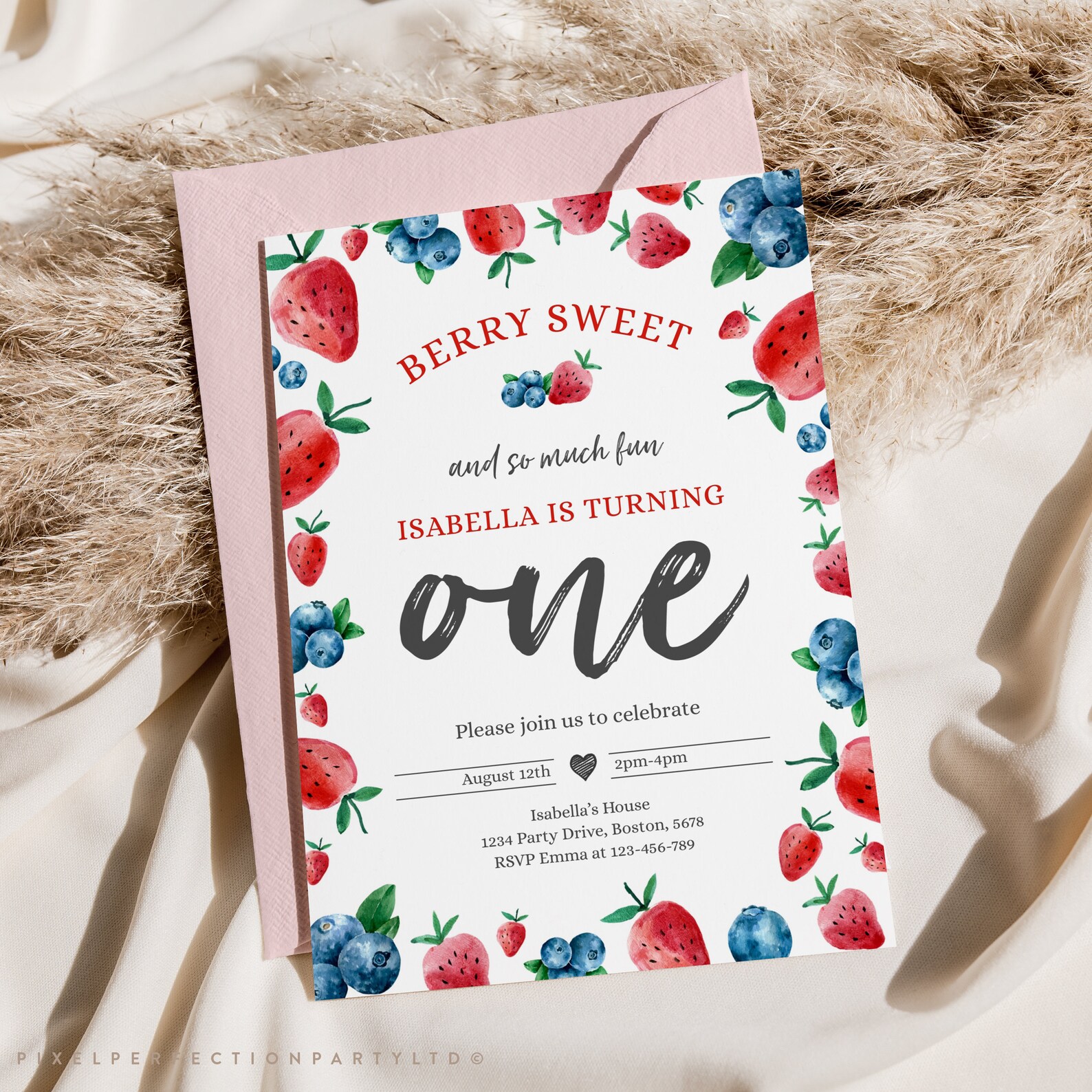 Editable Strawberry & Blueberry 1st Birthday Invitation Berry - Etsy