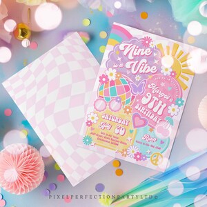 Editable Nine is A Vibe 9th Birthday Party Invitation Rainbow Sunshine ...
