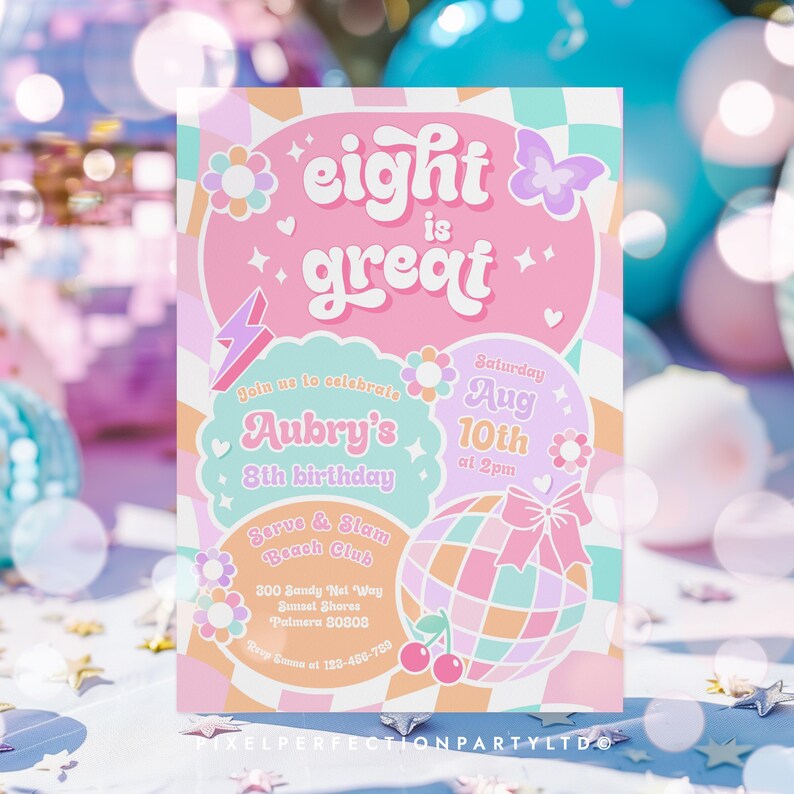 Editable Eight is Great Birthday Party Invitation Groovy 8th Birthday ...