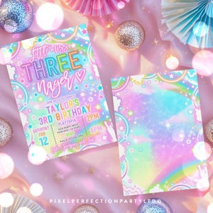 Editable Little Miss Three-nager 3rd Birthday Party Invitation Neon ...
