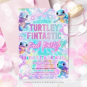 Editable Sea Turtle Pool Party Invitation Tie Dye Neon Glow Turtley ...