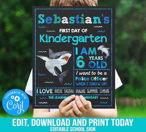 First Day of Kindergarten Sign Shark First Day of Kindergarten Sign ...