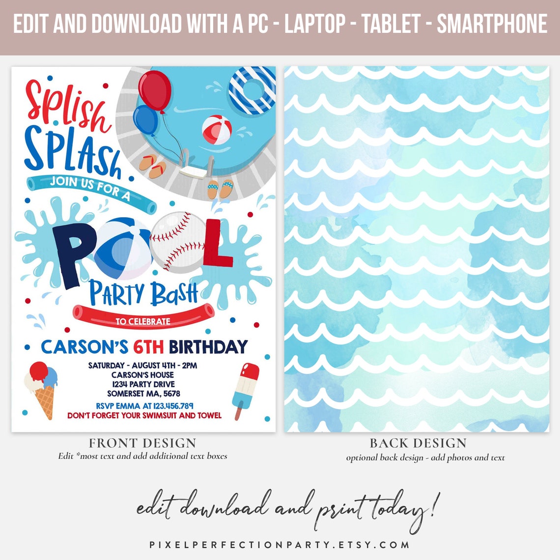 Editable Baseball Pool Party Invitation Sports Summer Pool - Etsy