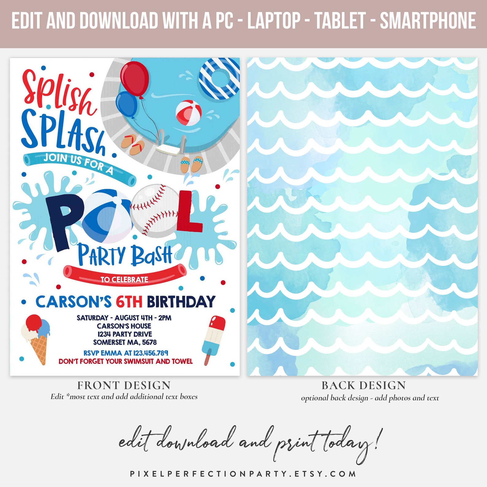 Editable Baseball Pool Party Invitation Sports Summer Pool - Etsy