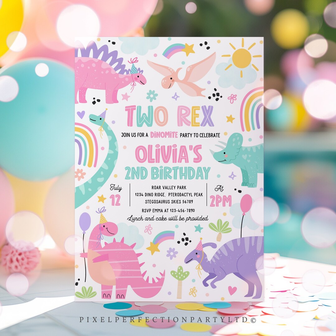 Editable Two Rex Dinosaur Birthday Party Invitation Pink T-rex Dinosaur ...