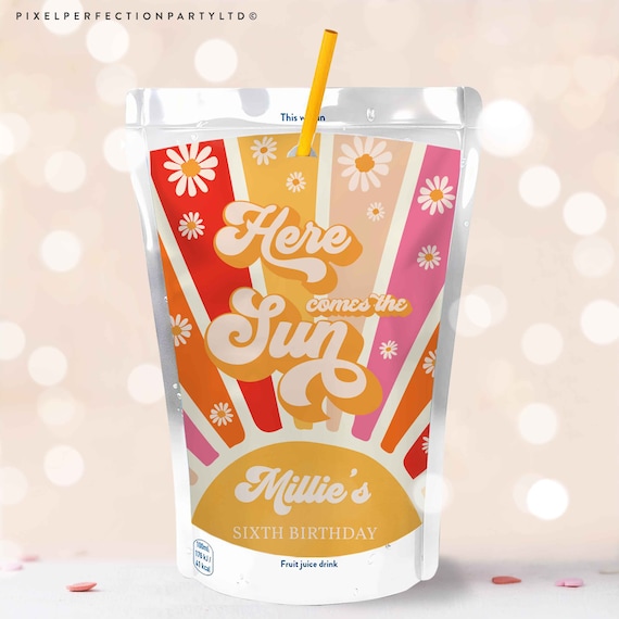 Editable Groovy Hippie Birthday Party Juice Pouch Labels Retro Sunshine ...