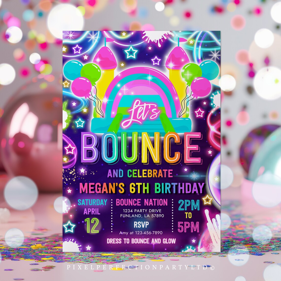 Editable Bounce House Birthday Party Invitation Neon Glow Bouncy Castle ...