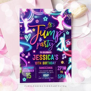 Editable Jump Birthday Party Invitation Neon Glow Jump Birthday Party ...