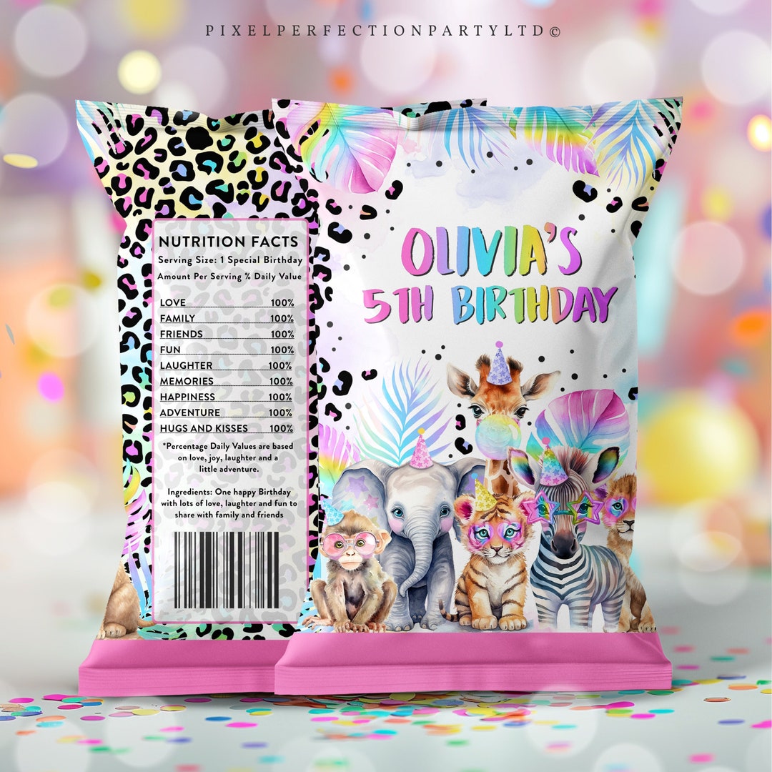 Editable Safari Chip Bag Wrapper Rainbow Safari Birthday Party Chip Bag ...
