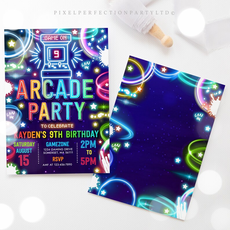 Editable Arcade Party Birthday Invitation Boy Neon Glow Retro - Etsy