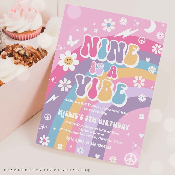 Editable Nine Is A Vibe Groovy 9th Birthday Party Invitation Pink ...