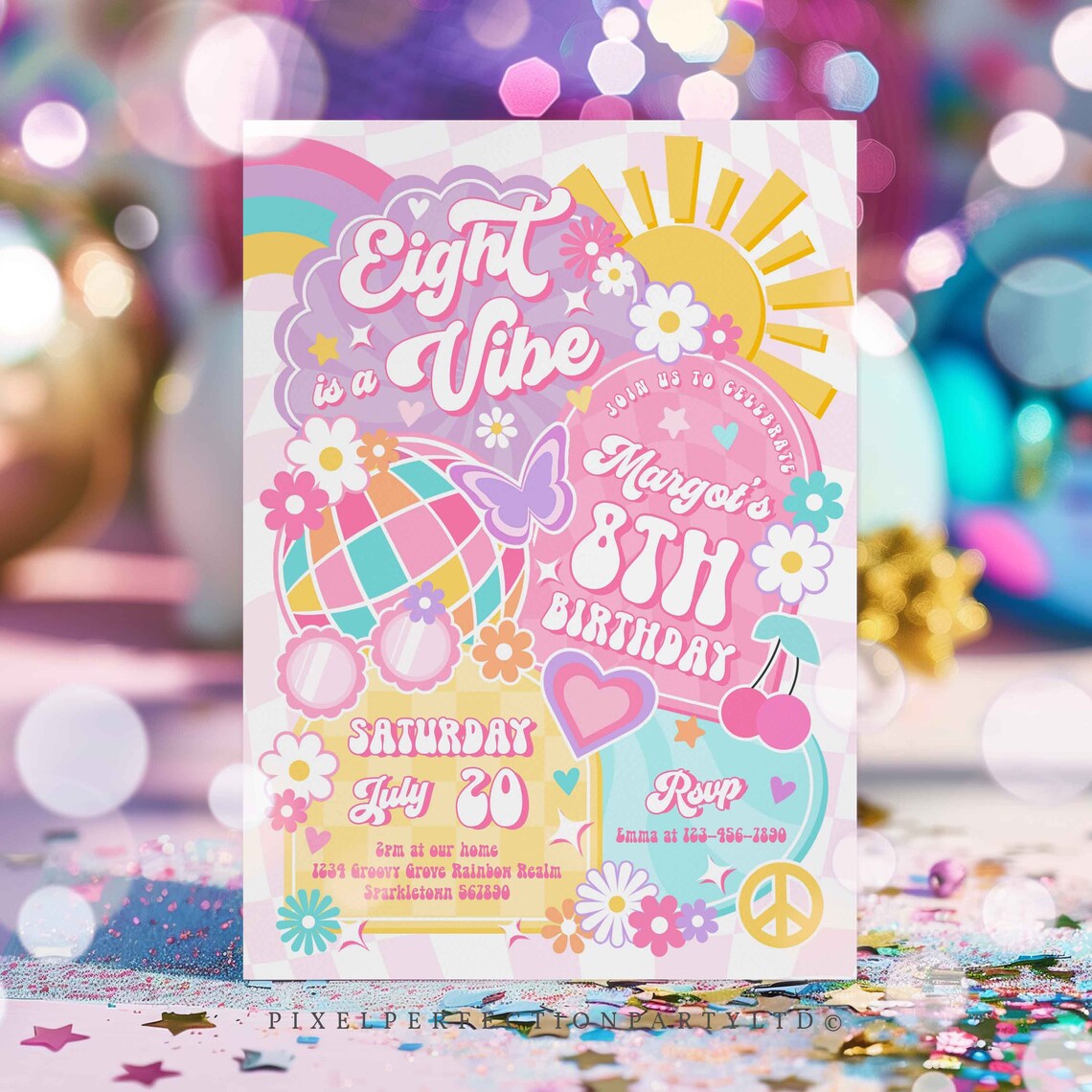 Editable Eight is A Vibe 8th Birthday Party Invitation Rainbow Sunshine ...