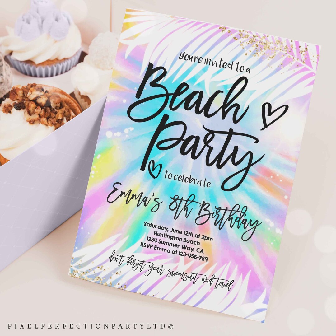 Editable Beach Party Invitation Girly Tie Dye Beach Party Invitation ...