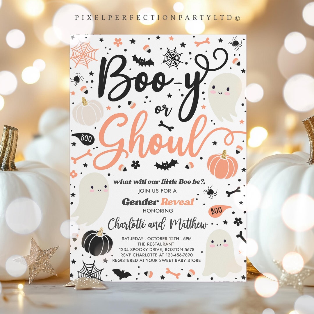 Editable Halloween Gender Reveal Invitation Little Boo Ghost Gender ...
