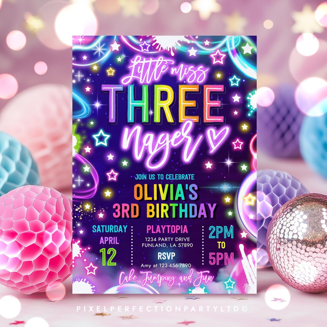 Editable Little Miss Three-nager 3rd Birthday Party Invitation Neon ...