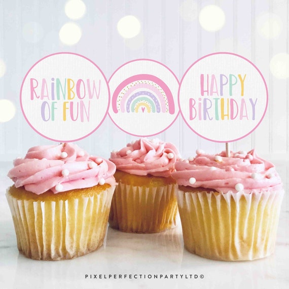 Rainbow Cupcake Toppers Pink Pastel Rainbow Favor Tags Rainbow Sticker ...