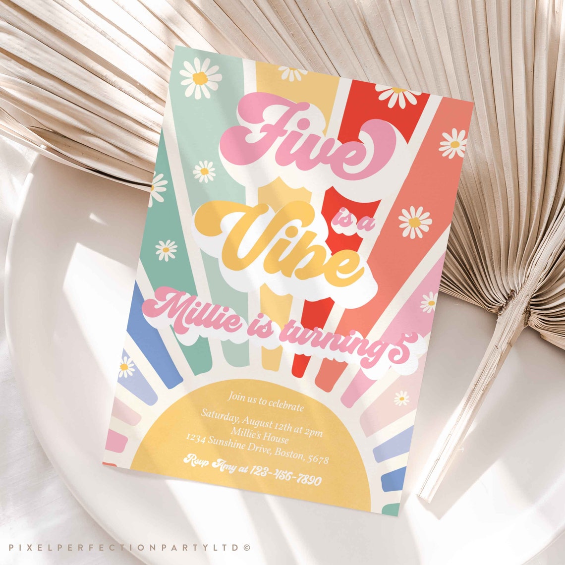 Editable Five is A Vibe Birthday Invitation Retro Daisy - Etsy