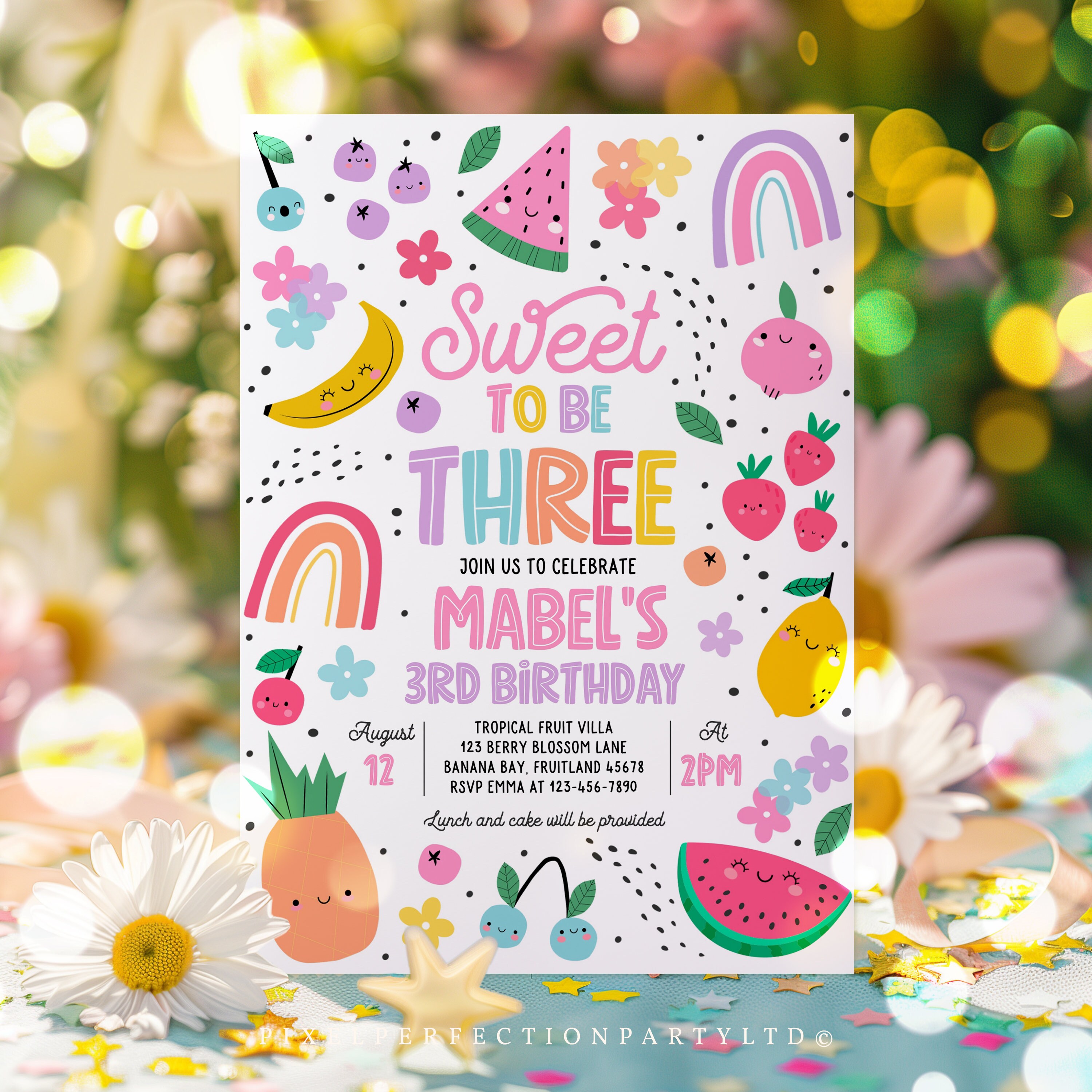 Editable Sweet to Be Three 3rd Birthday Invitation Tutti Frutti 3rd ...