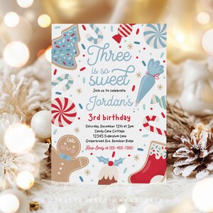 Editable Three is so Sweet Christmas Cookie 3rd Birthday Party ...