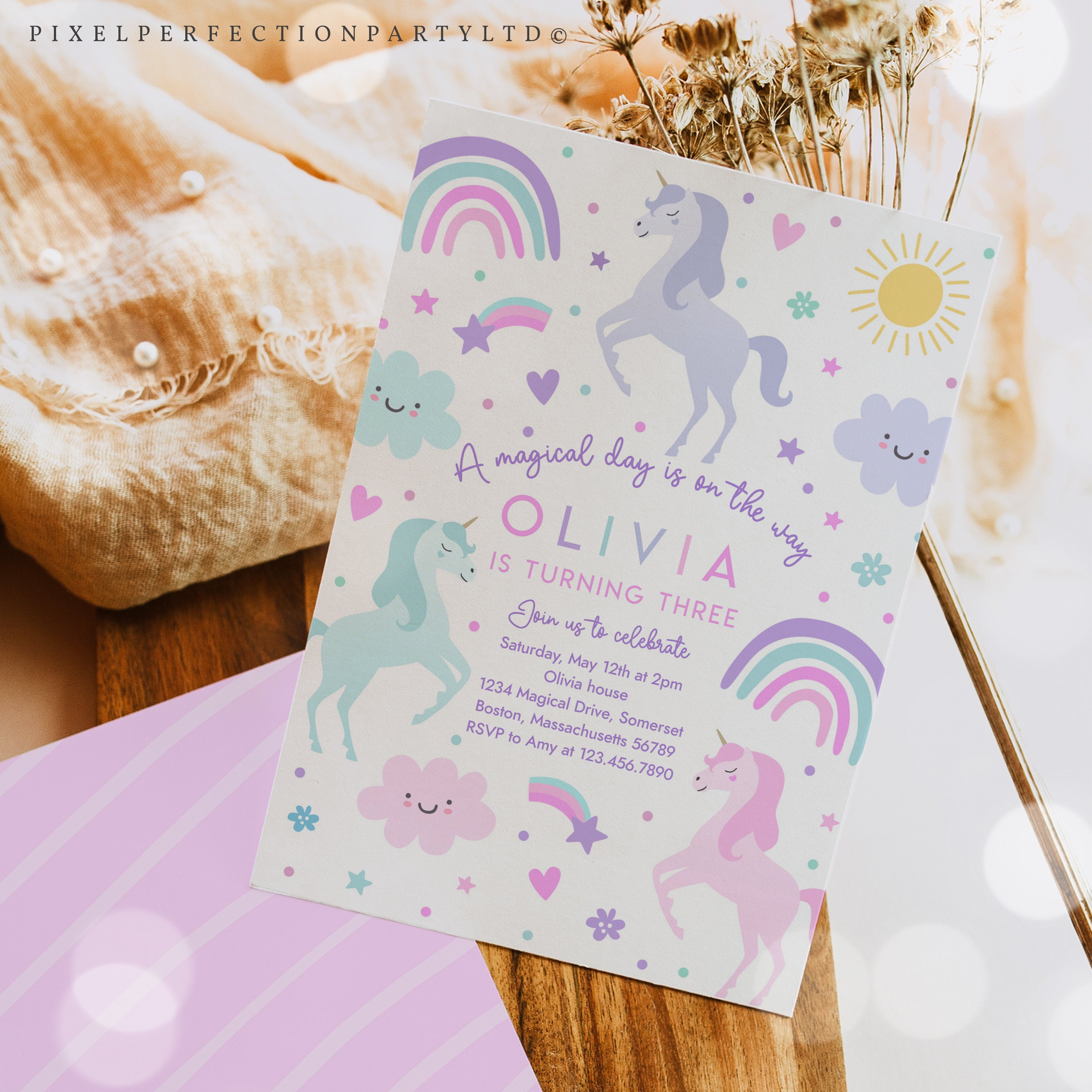 Editable Unicorn Birthday Invitation Magical Pastel Rainbow Unicorn ...