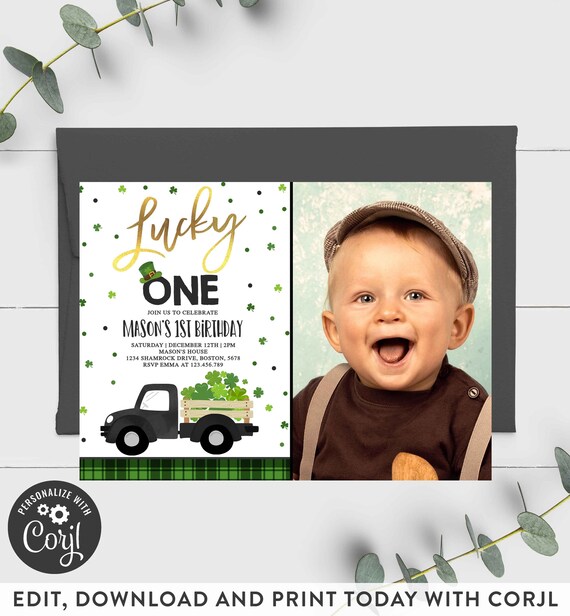 Editable Lucky One Birthday Invitation St. Patrick's Party Truck ...