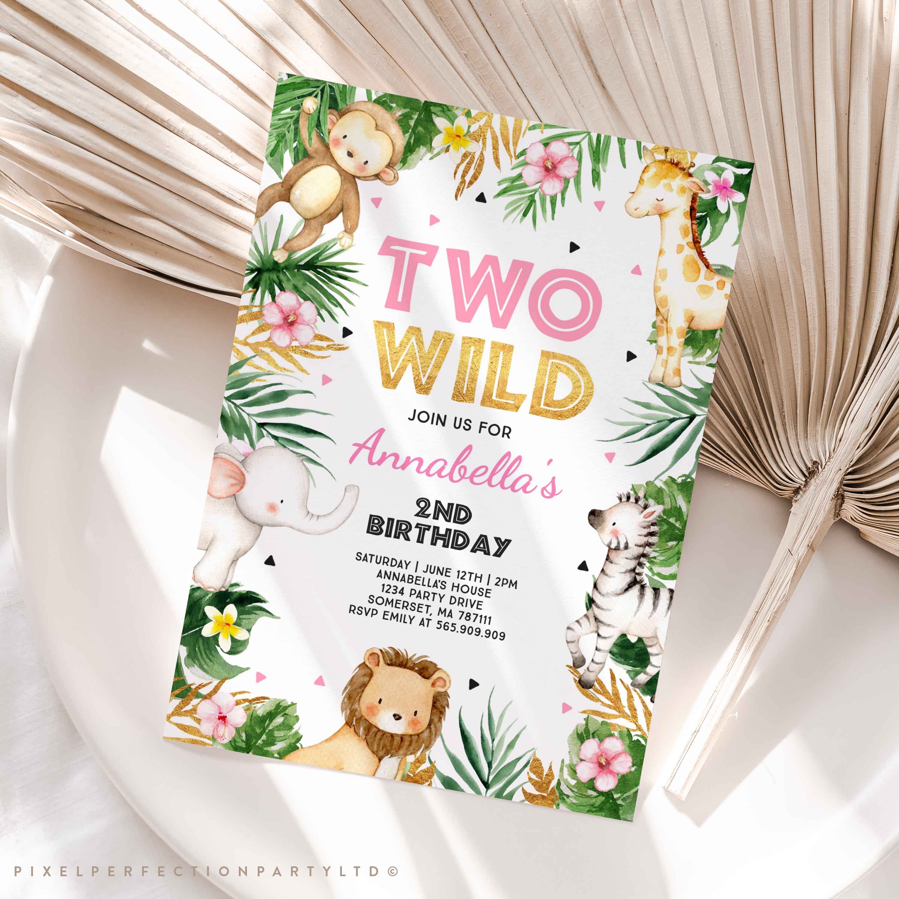 Two Wild Birthday Invitation Pink & Gold Jungle Safari Animals | Etsy