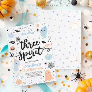 Editable Three Spirit Halloween Ghost 3rd Birthday Party Invitation ...