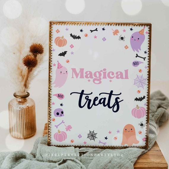 Cute Pink Halloween Ghost Party Sign Magical Treats Sign Ghost ...