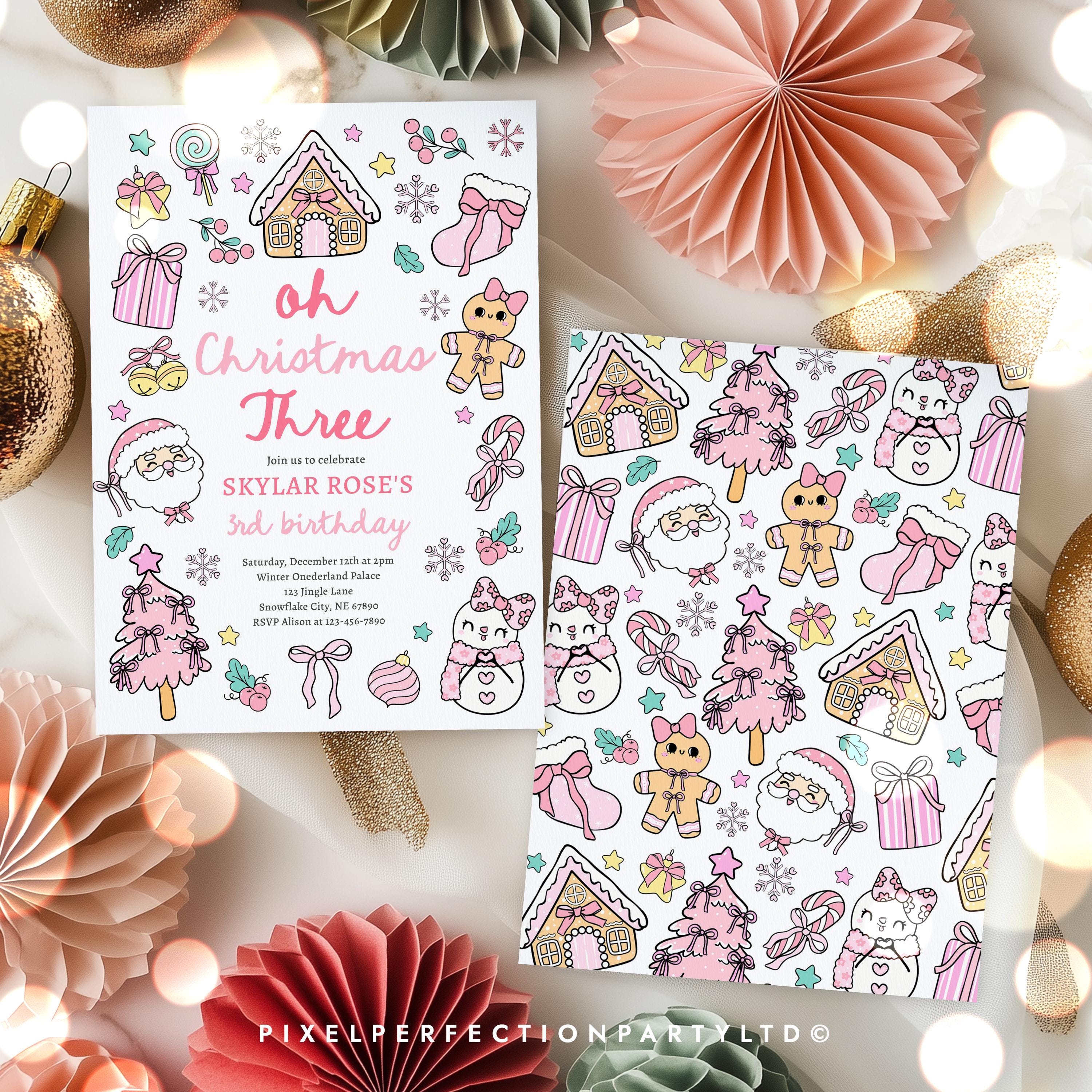 Editable Coquette Christmas Bow 3rd Birthday Invitation Oh Christmas ...