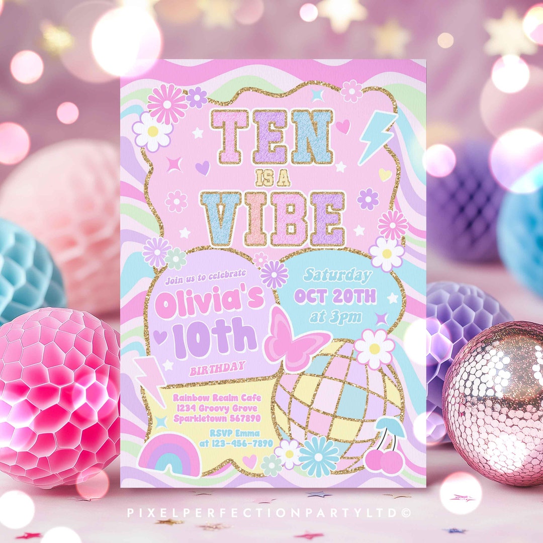 Editable Ten is A Vibe Preppy 10th Birthday Party Invitation Pink Wavy ...