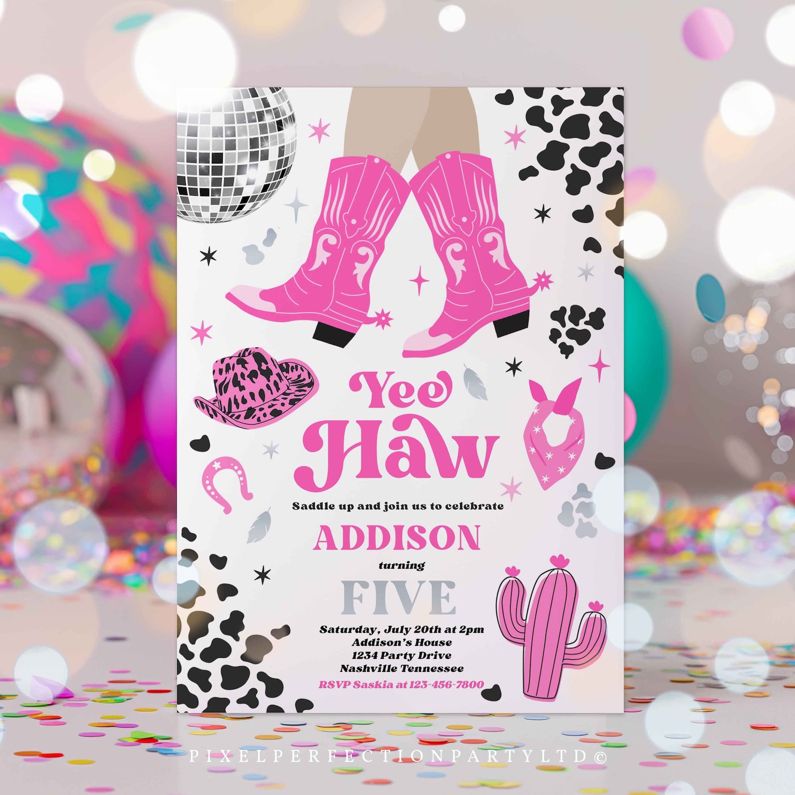 Editable Space Cowgirl Birthday Party Invitation Pink Disco Cowgirl ...