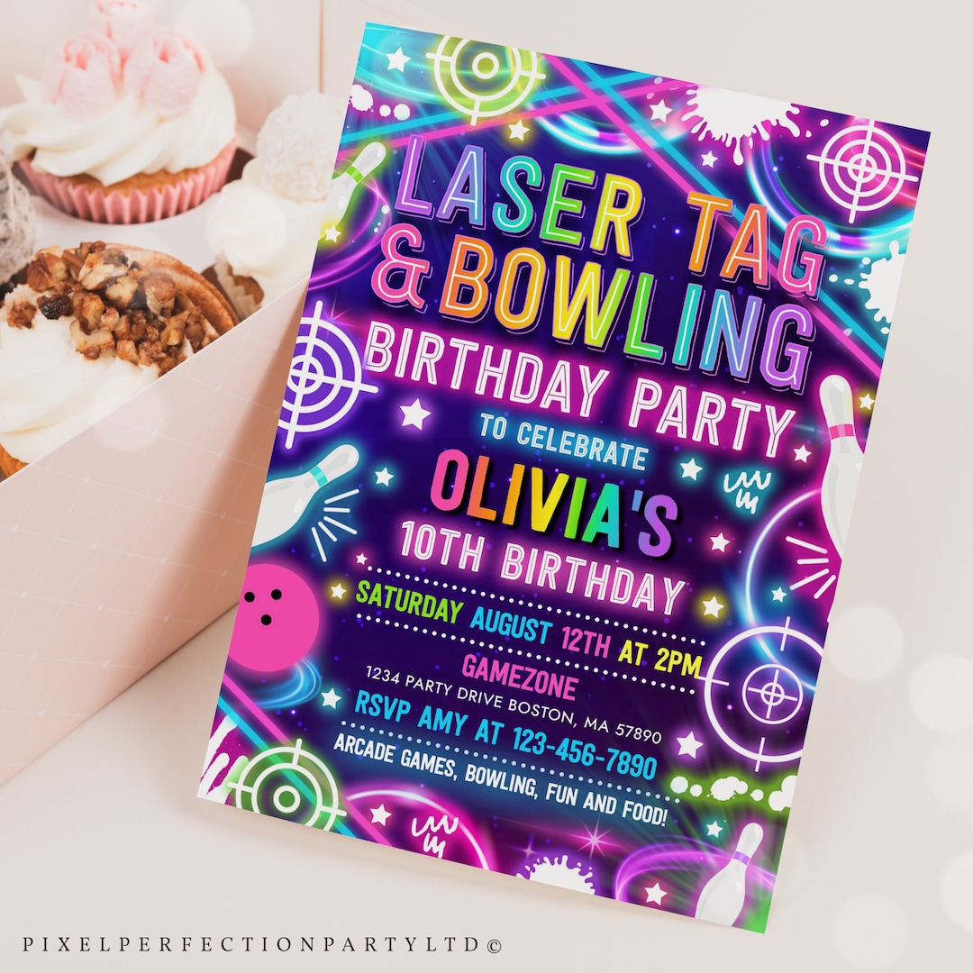 Editable Laser Tag Bowling Birthday Party Invitation Neon Glow Laser ...