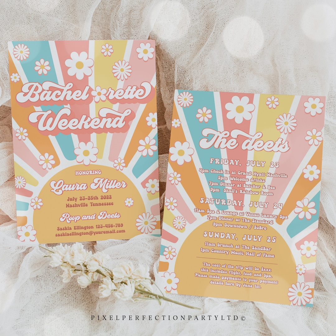Editable Retro Bachelorette Weekend Invitation and Itinerary Groovy ...