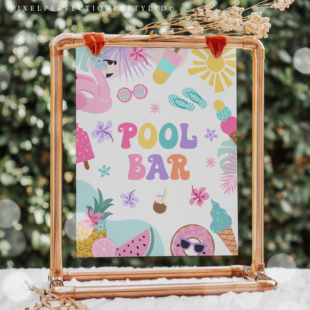 Pool Party Birthday Pool Bar Table Sign Tropical Splish Splash Girly ...