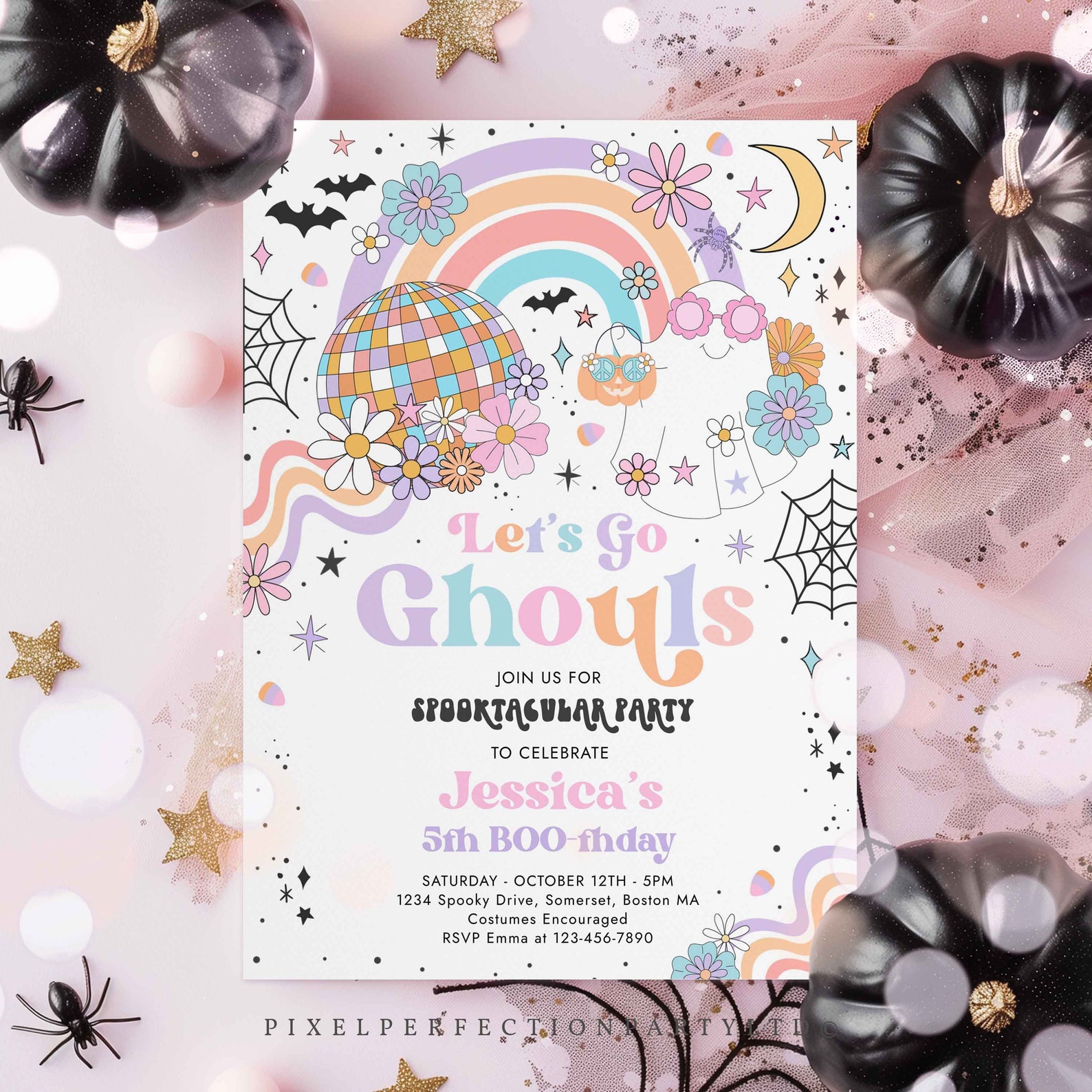 Editable Let's Go Ghouls Halloween Ghost Birthday Party Invitation ...