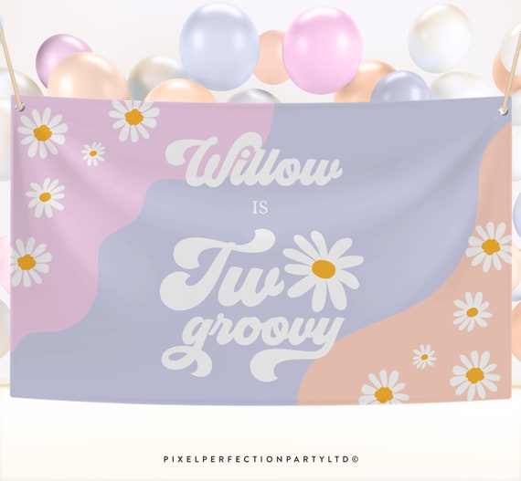 Editable Two Groovy Birthday Backdrop Retro Daisy Two Groovy Birthday ...
