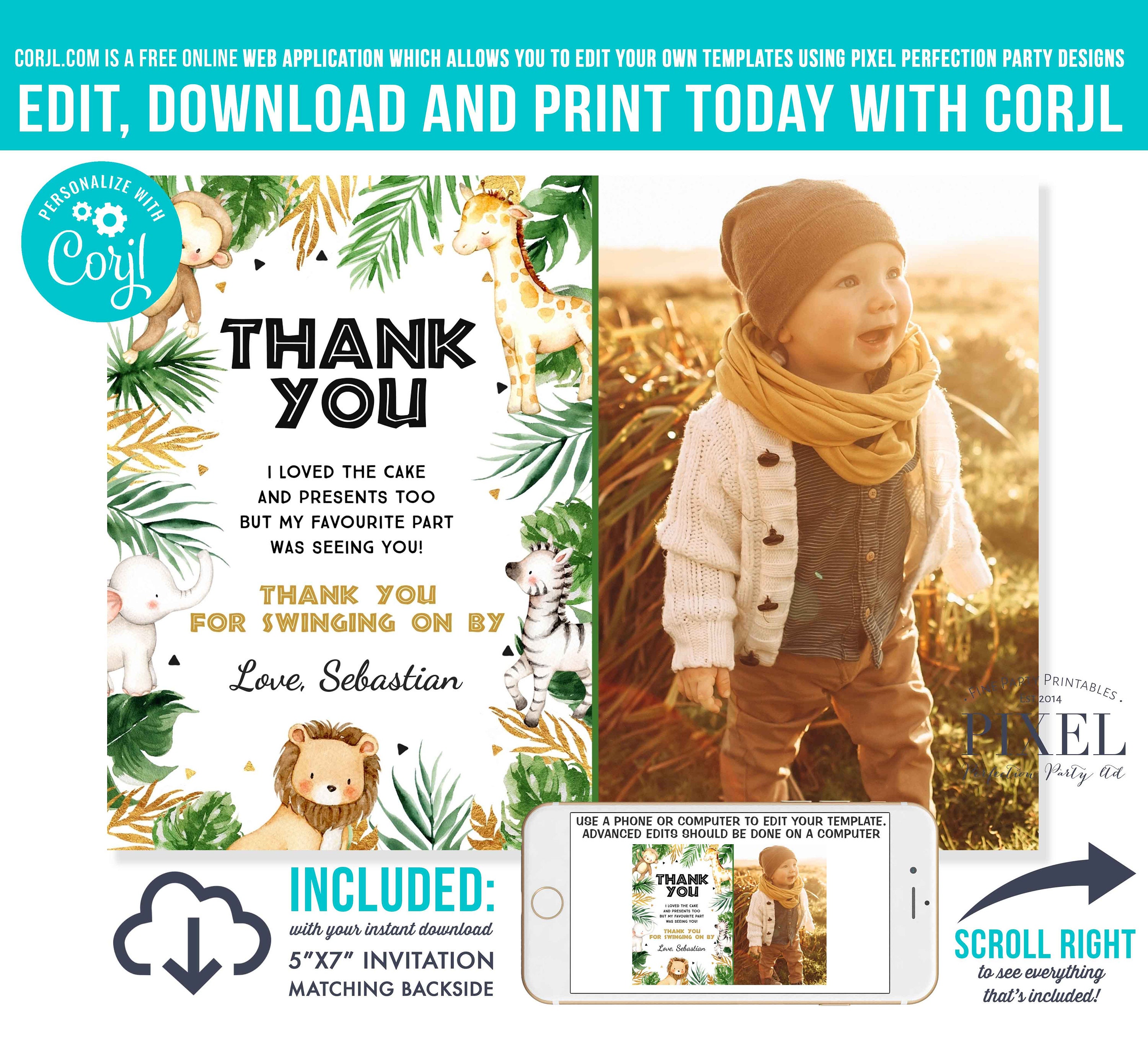 Editable Safari Thank You Card Birthday Jungle Safari Thank | Etsy