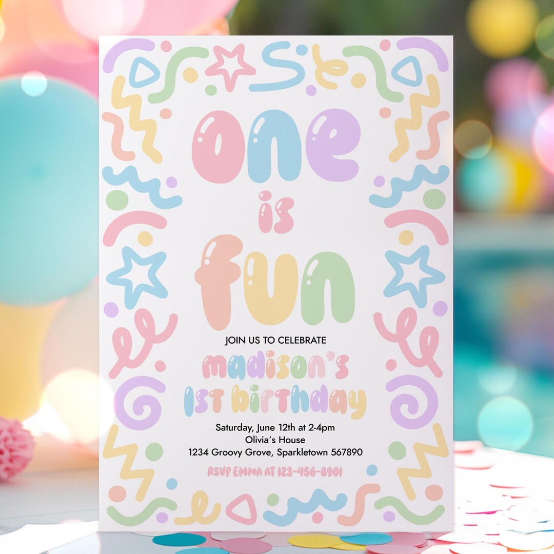 Editable One is Fun Balloon Letters Doodle Birthday Party Invitation ...