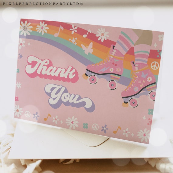 Editable Roller Skating Birthday Party Folded Thank You Card Groovy ...