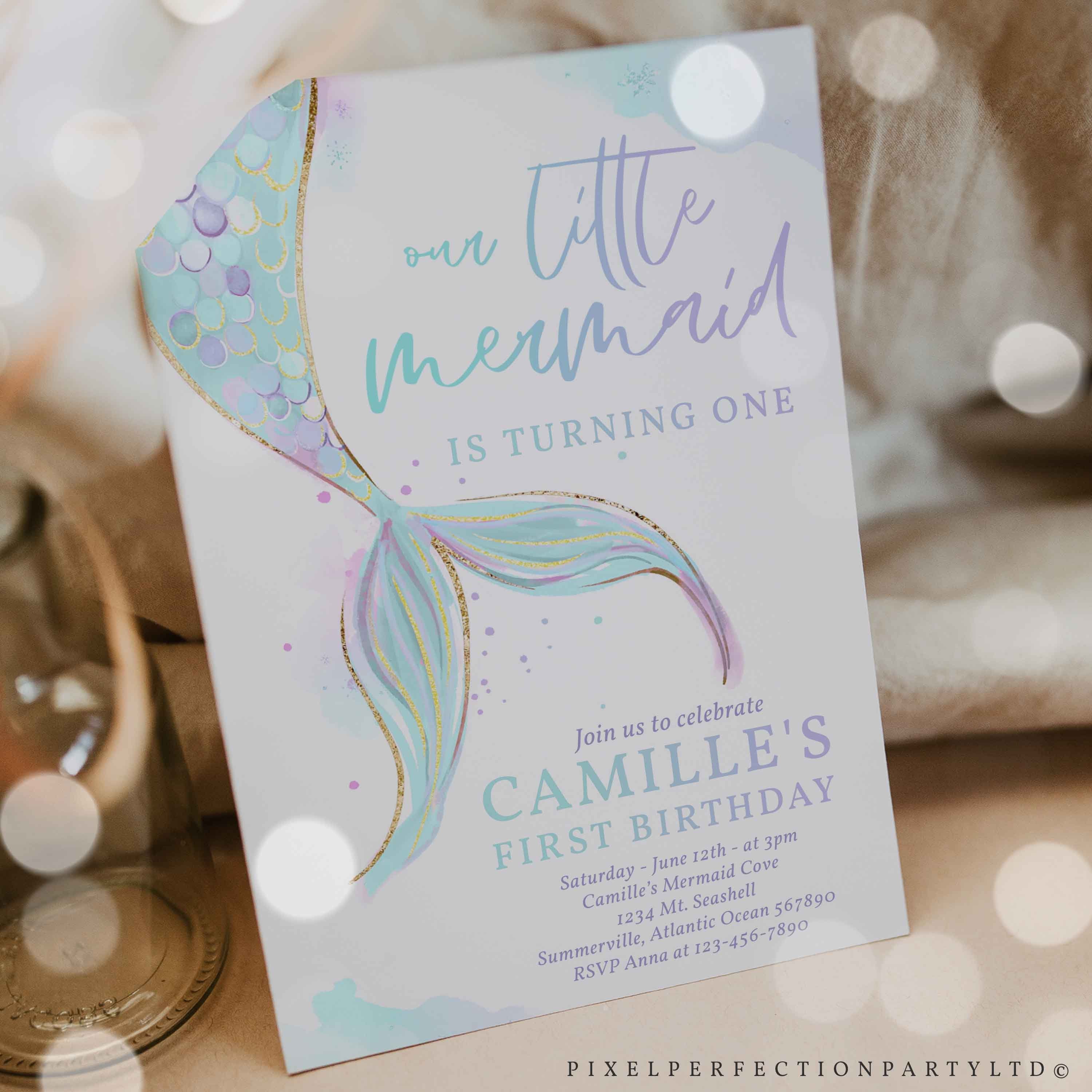 Editable Mermaid Birthday Party Invitation Purple Blue and Gold ...