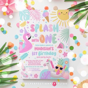 Editable Splash Into One 1st Birthday Pool Party Invitation Tropical ...