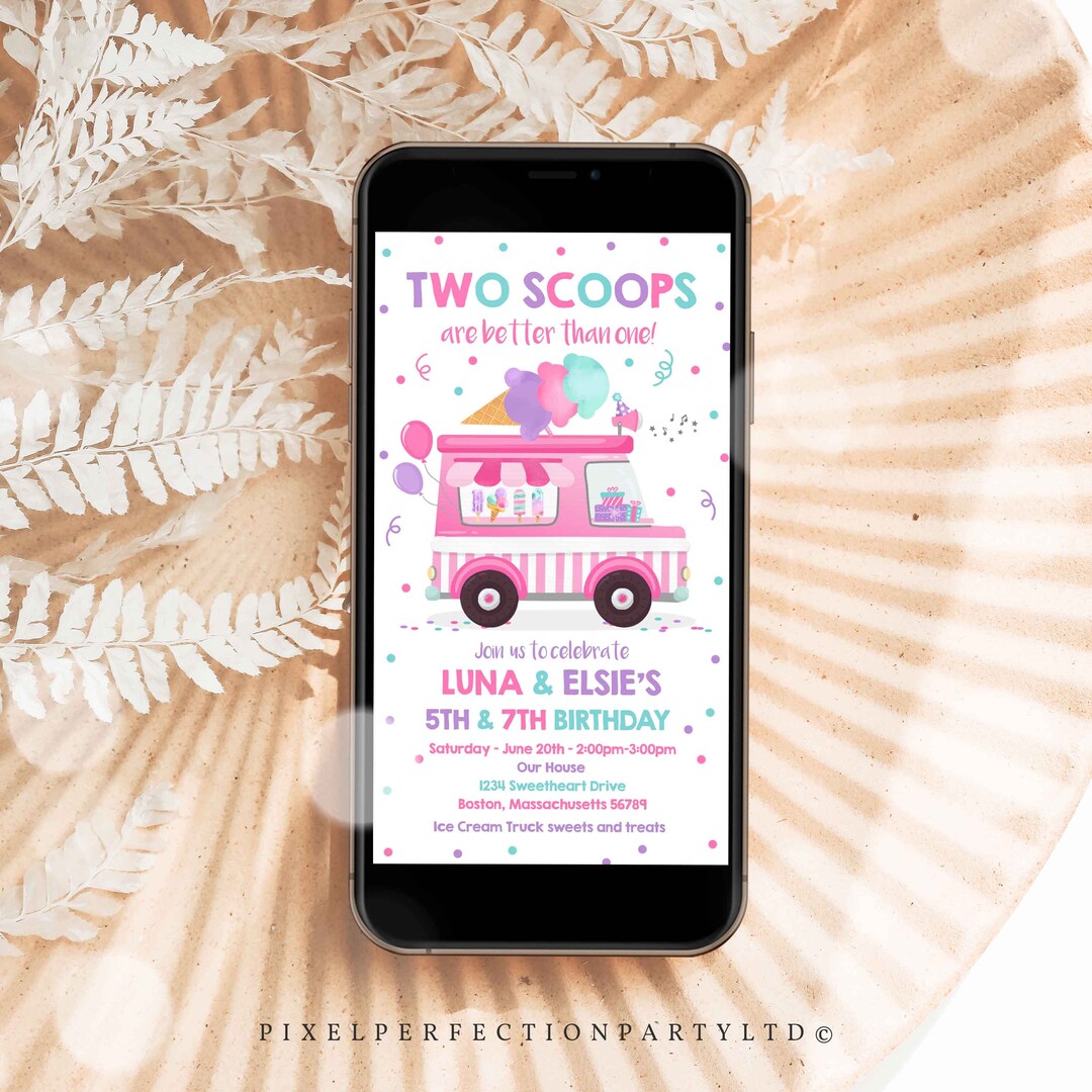 Editable Ice Cream Truck Twin Birthday Invitation Two Scoops Are Better