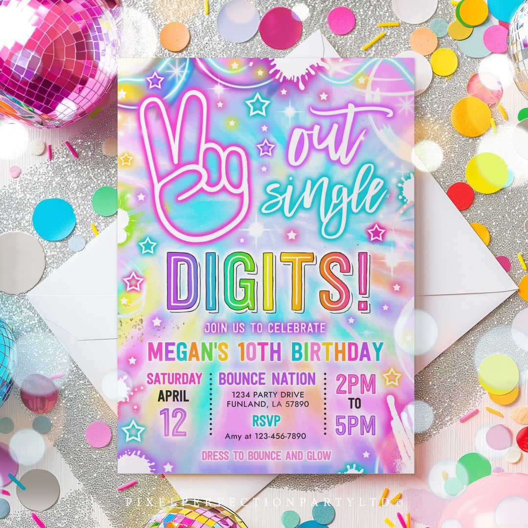 Editable Peace Out Single Digits Birthday Party Invitation Neon Glow ...