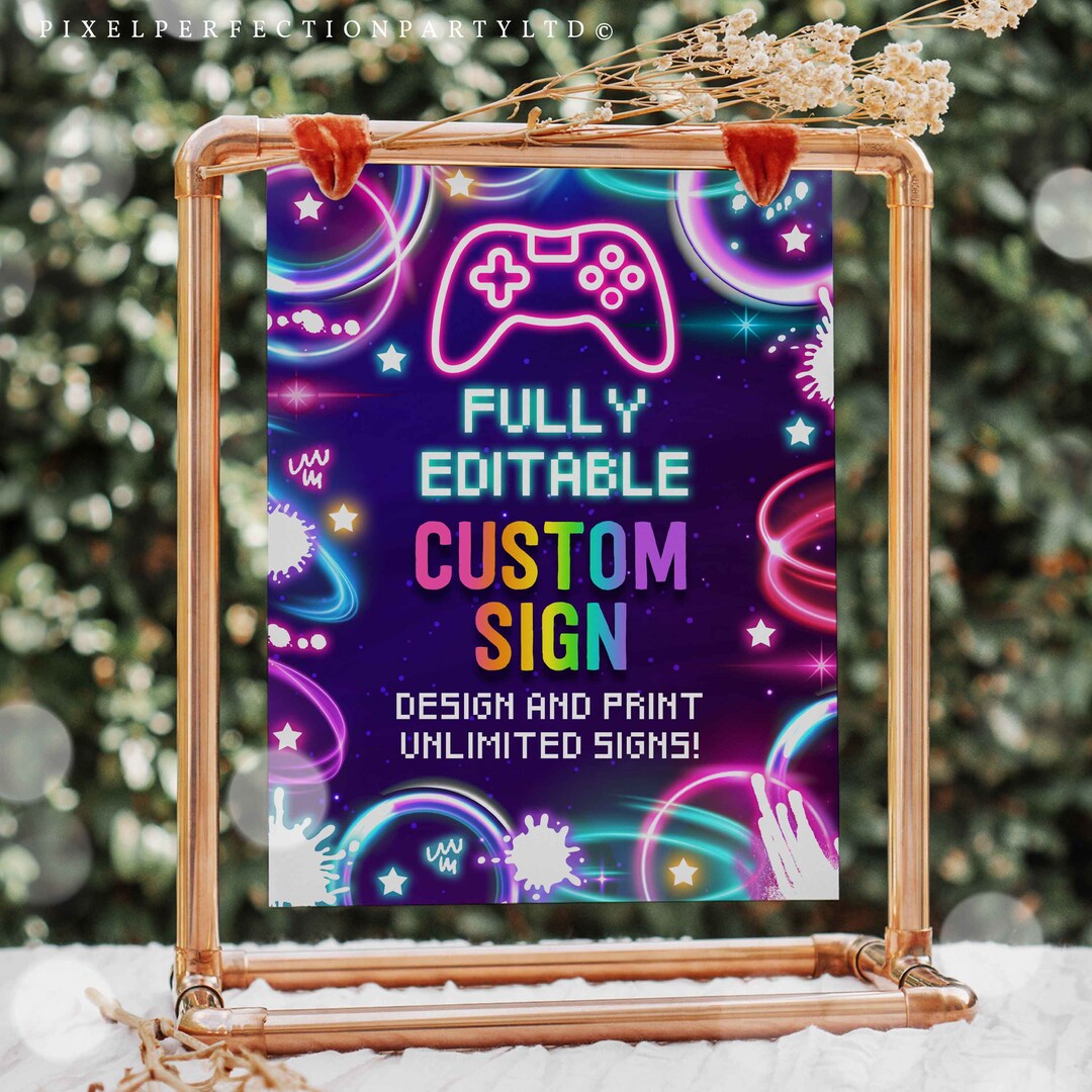 Editable Video Game Birthday Party Custom Sign Neon Gamer Birthday Game ...