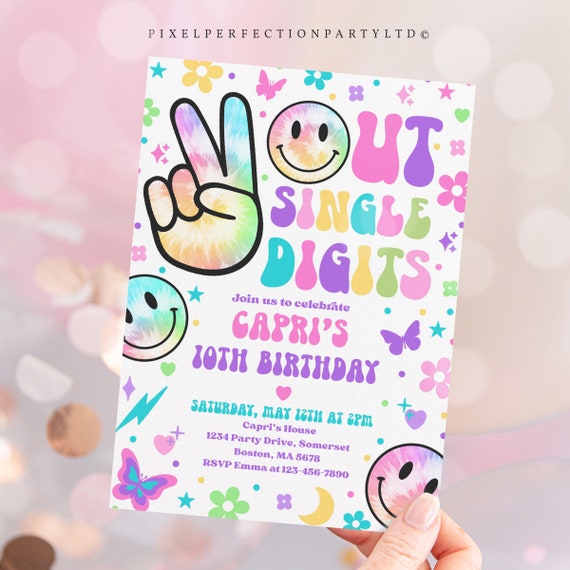 Editable Peace Out Single Digits Birthday Party Invitation Tie Dye ...