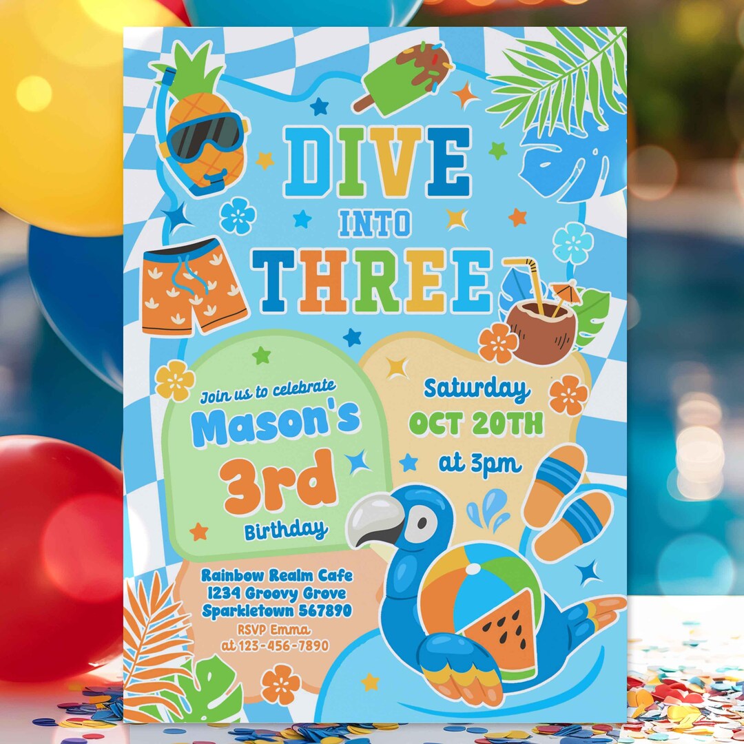 Editable Tropical Splish Splash 3rd Birthday Pool Party Invitation Dive ...