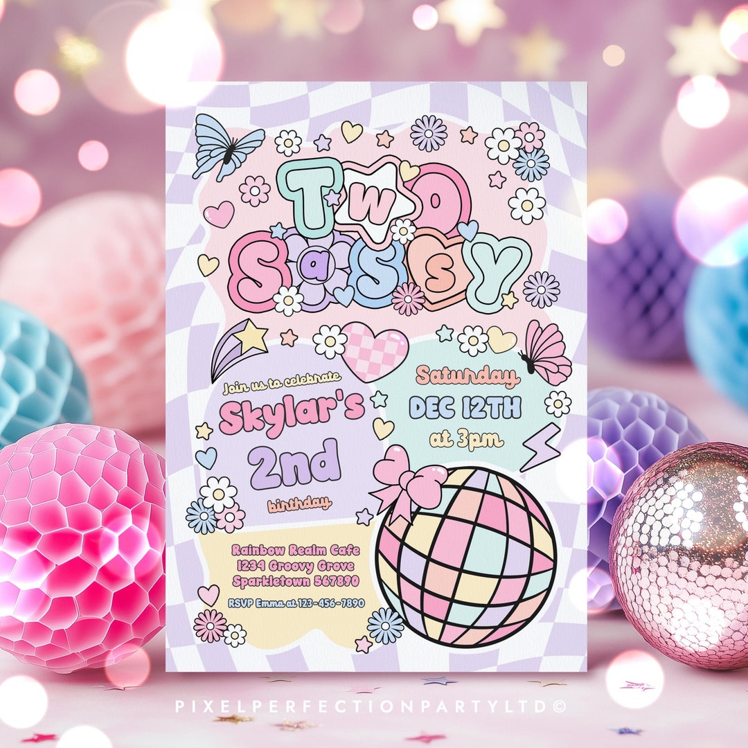 Editable Two Sassy Preppy Birthday Party Invitation Two Groovy Y2K ...