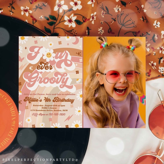 Editable Four Ever Groovy 4th Birthday Party Invitation Peace Love ...